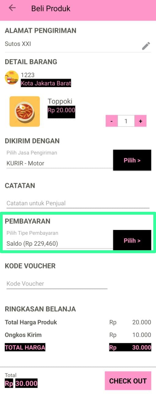 Gambar9. Contoh pemesanan di dalam akun pengguna