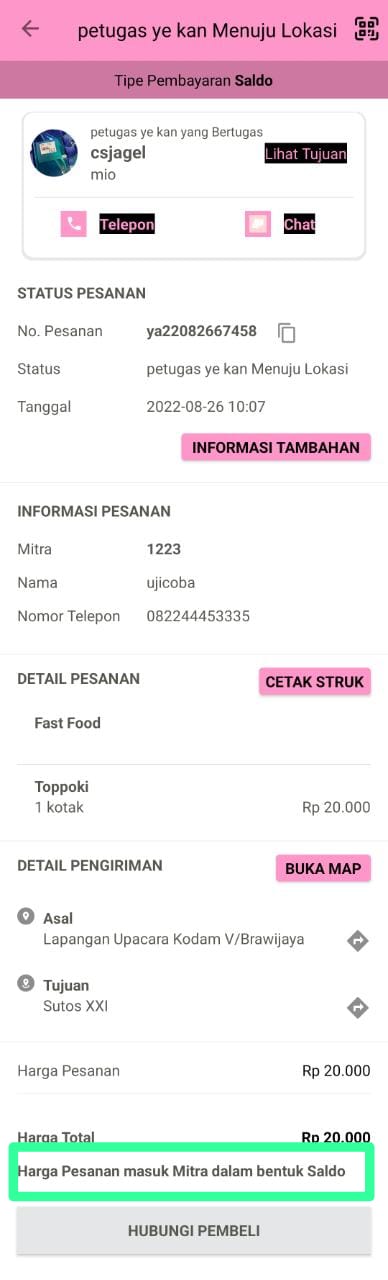 Gambar3. Detail pesanan yang tampil di dalam akun mitra