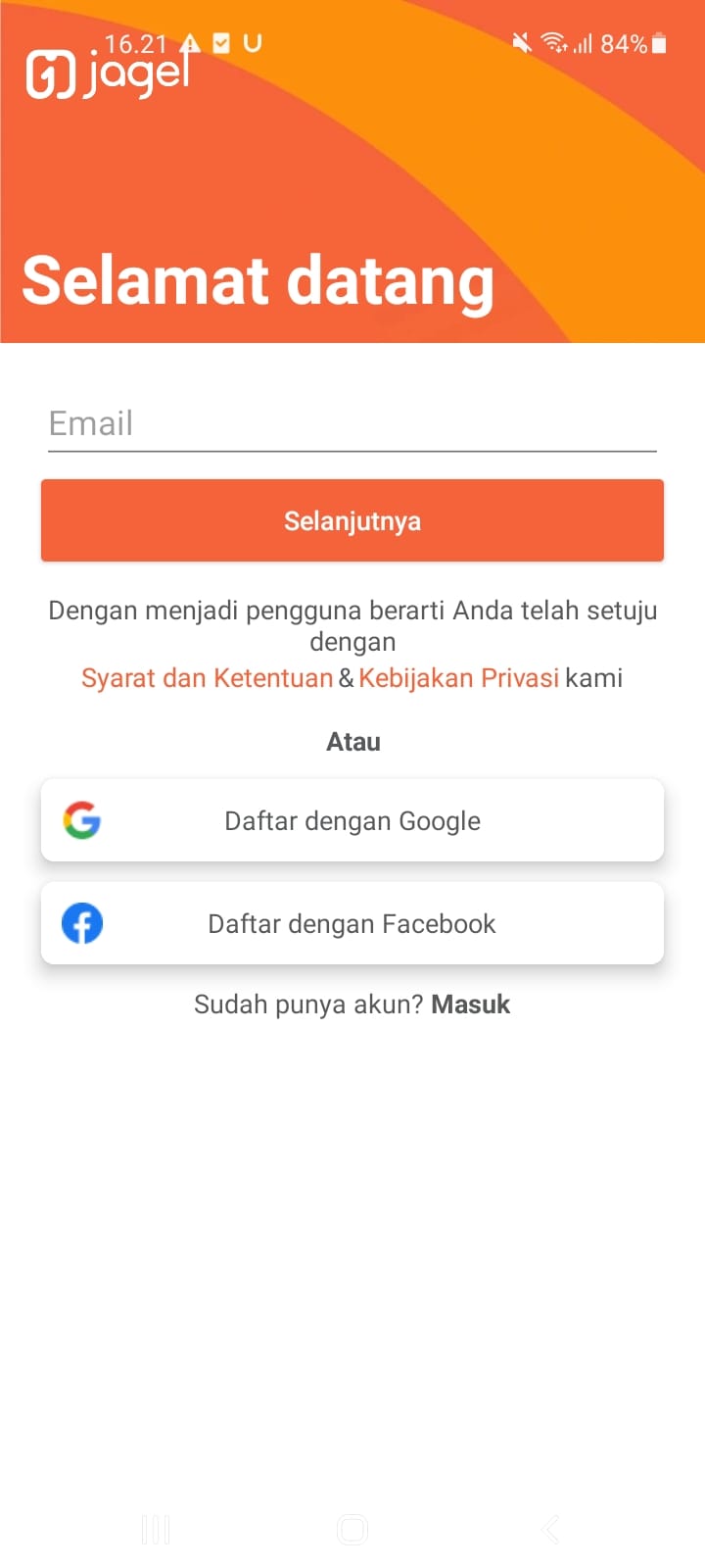halaman login jagel buat aplikasi Android