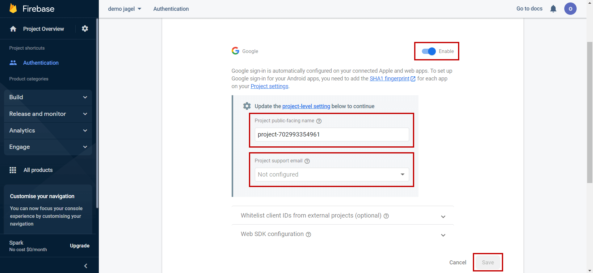 Gambar 10. Aktifkan Google dengan centang Enable dikanan atas, lalu ...